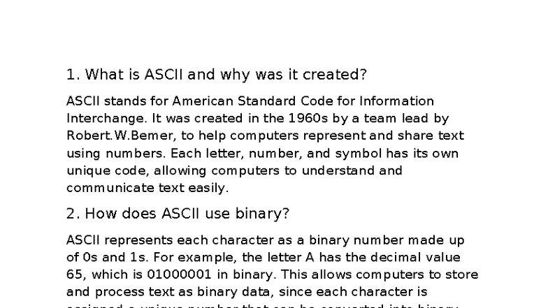 Ascii Homework - 1. What is ASCII and why was it created? ASCII stands ...