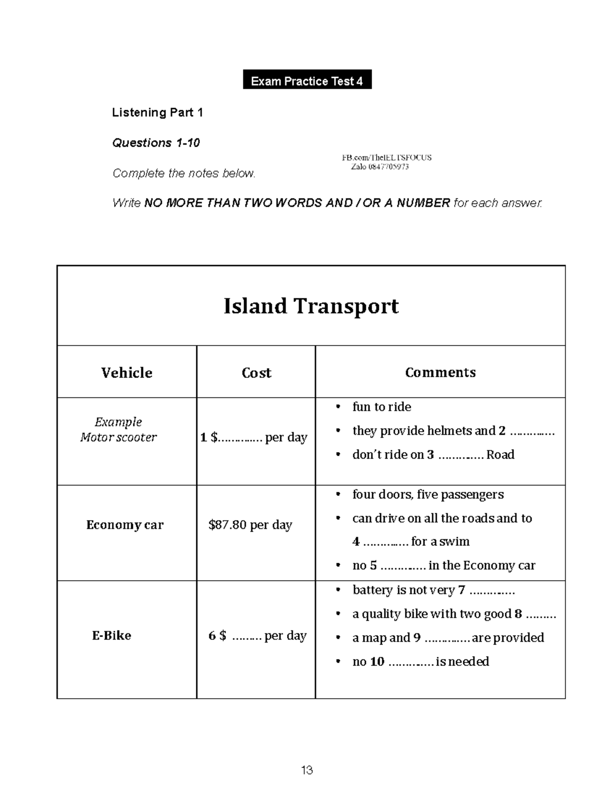 MINI TEST 2 - Island Transport Overview and Vehicle Costs - Studocu