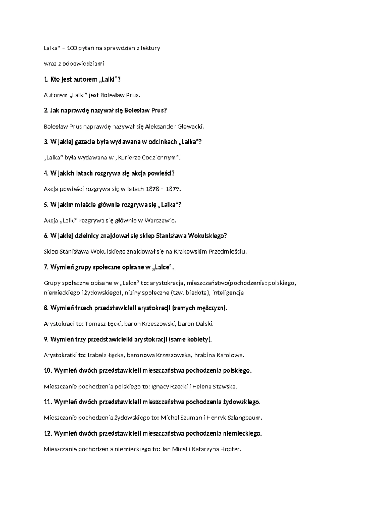 Lalka - 100 Pytan i Odpowiedzi na Sprawdzian z Lektury - Studocu