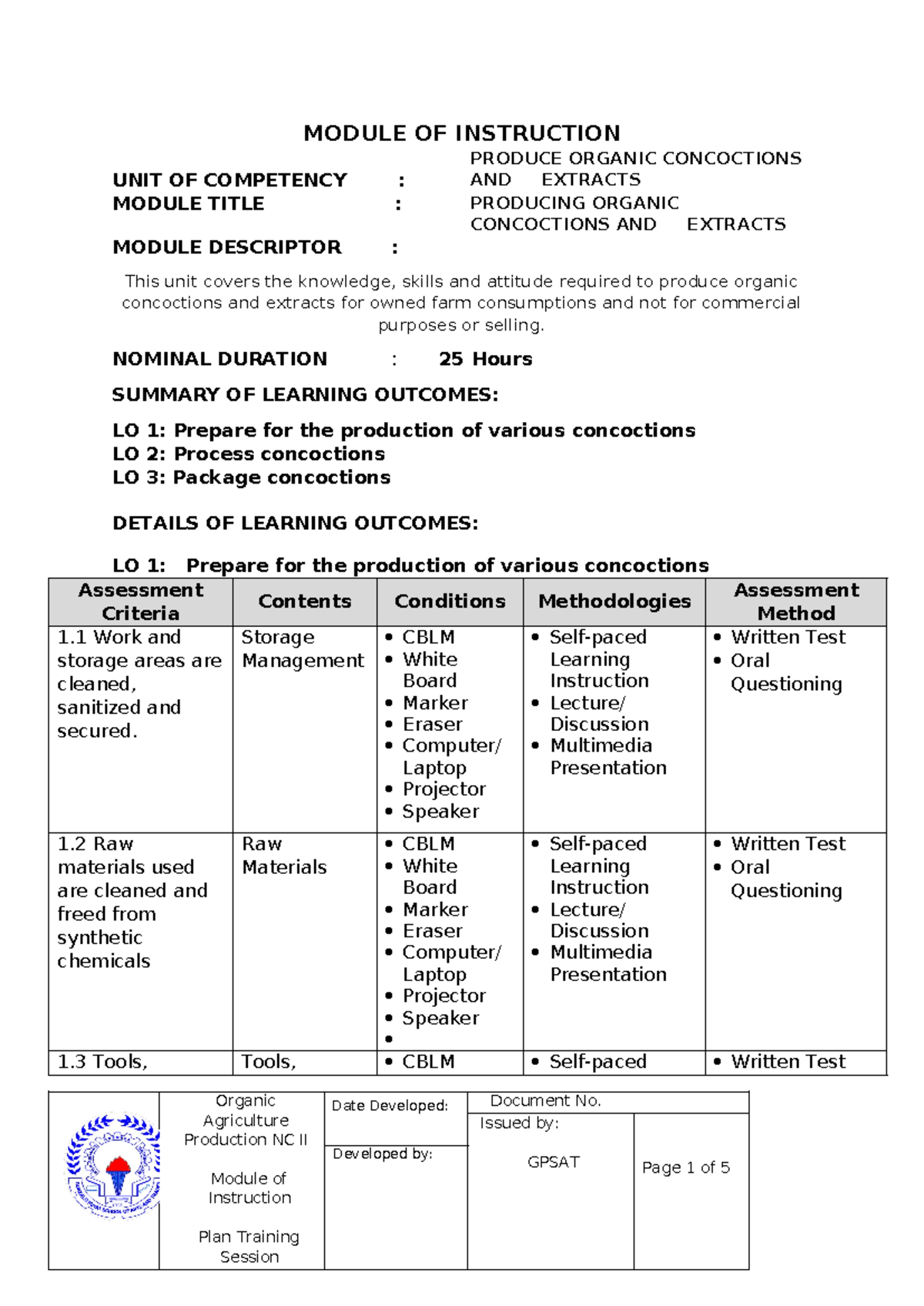 Organic Agriculture Production NC II: Module on Concoction Production - Studocu
