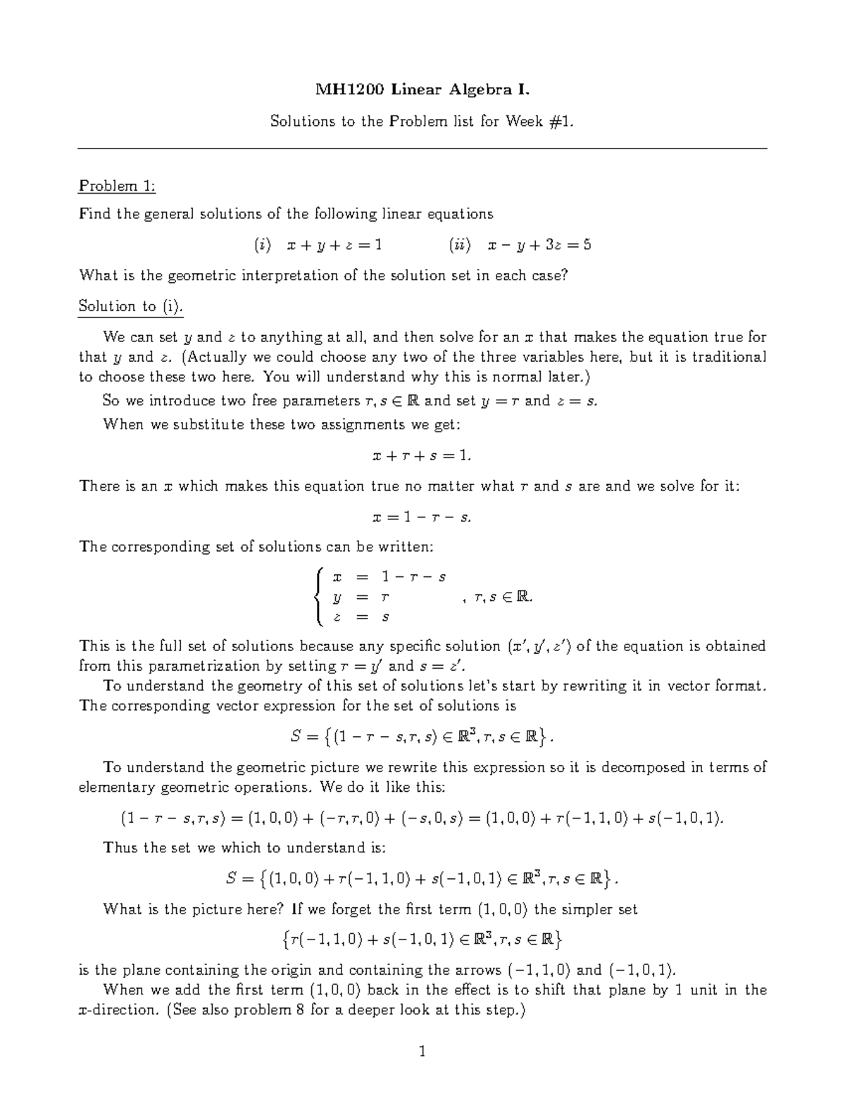 MH1200 Linear Algebra I: Solutions to Problem Set 1 - Studocu