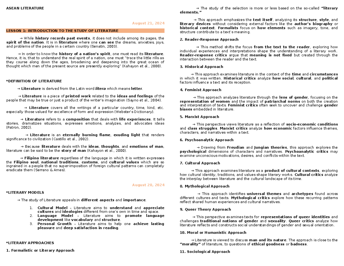 Asean Literature Notes - ASEAN LITERATURE August 21, 2024 LESSON 1 ...
