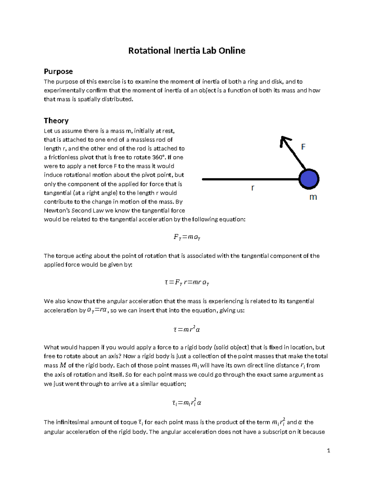PHY1611-010 Moment of Inertia Lab - Worksheet & Analysis - Studocu