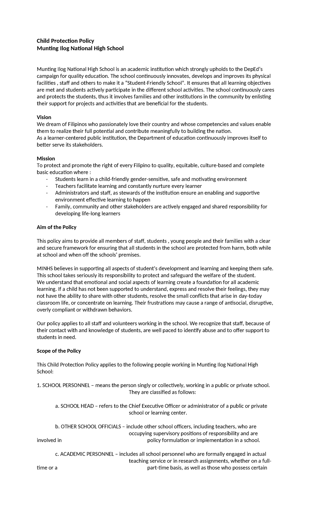 Child Protection Policy (CPP2) for Munting Ilog National High School ...