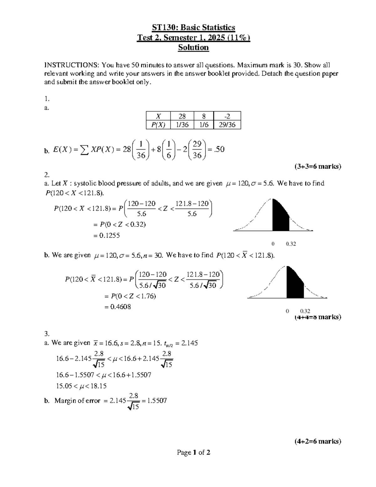 ST130: Basic Statistics Test 2 S1 2025 Solutions - Sample Paper - Studocu