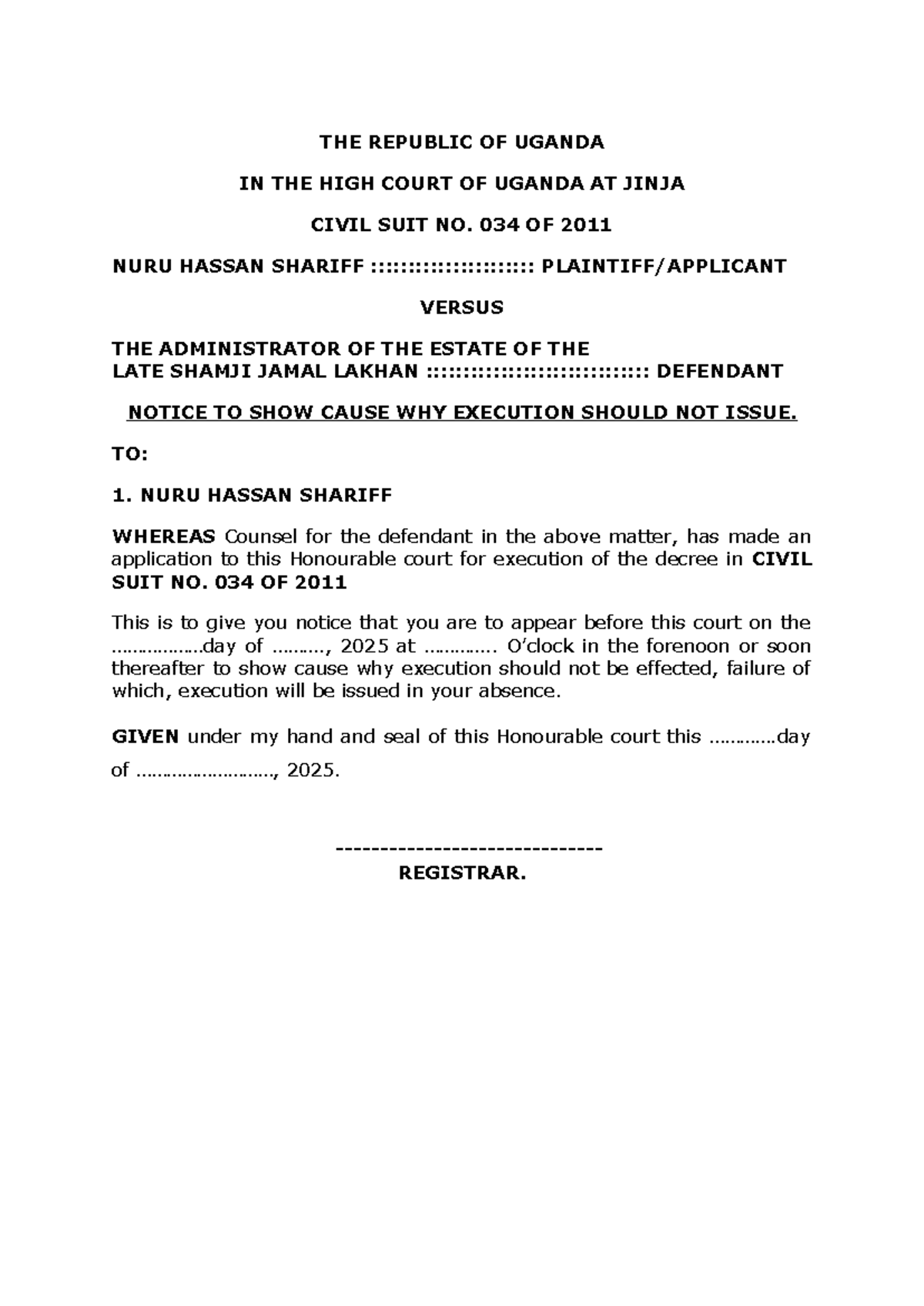 NTC: Notice to Show Cause in Civil Suit No. 034 of 2011 - Studocu