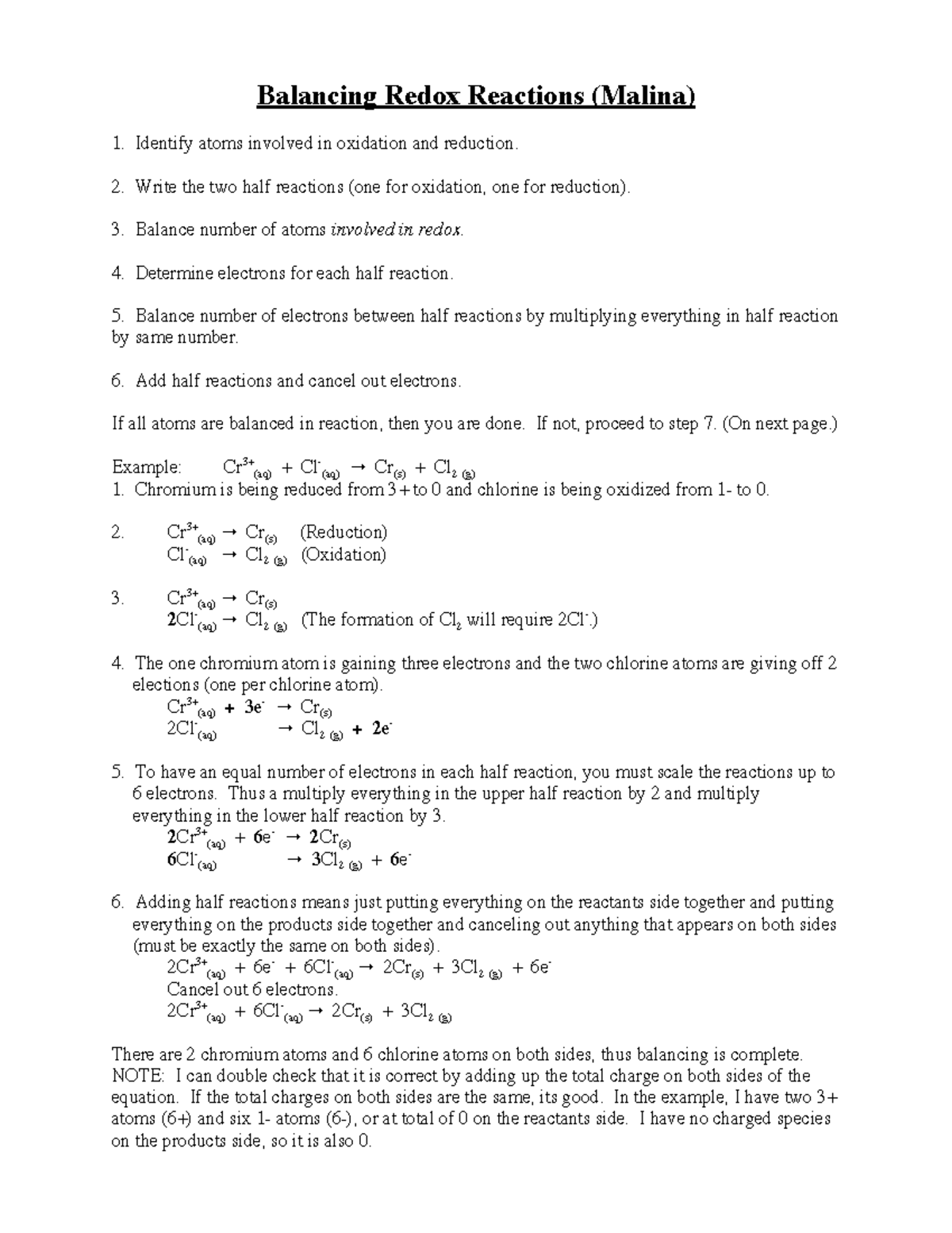 Balancing Redox Reactions: Step-by-Step Guide for Chem 101 - Studocu