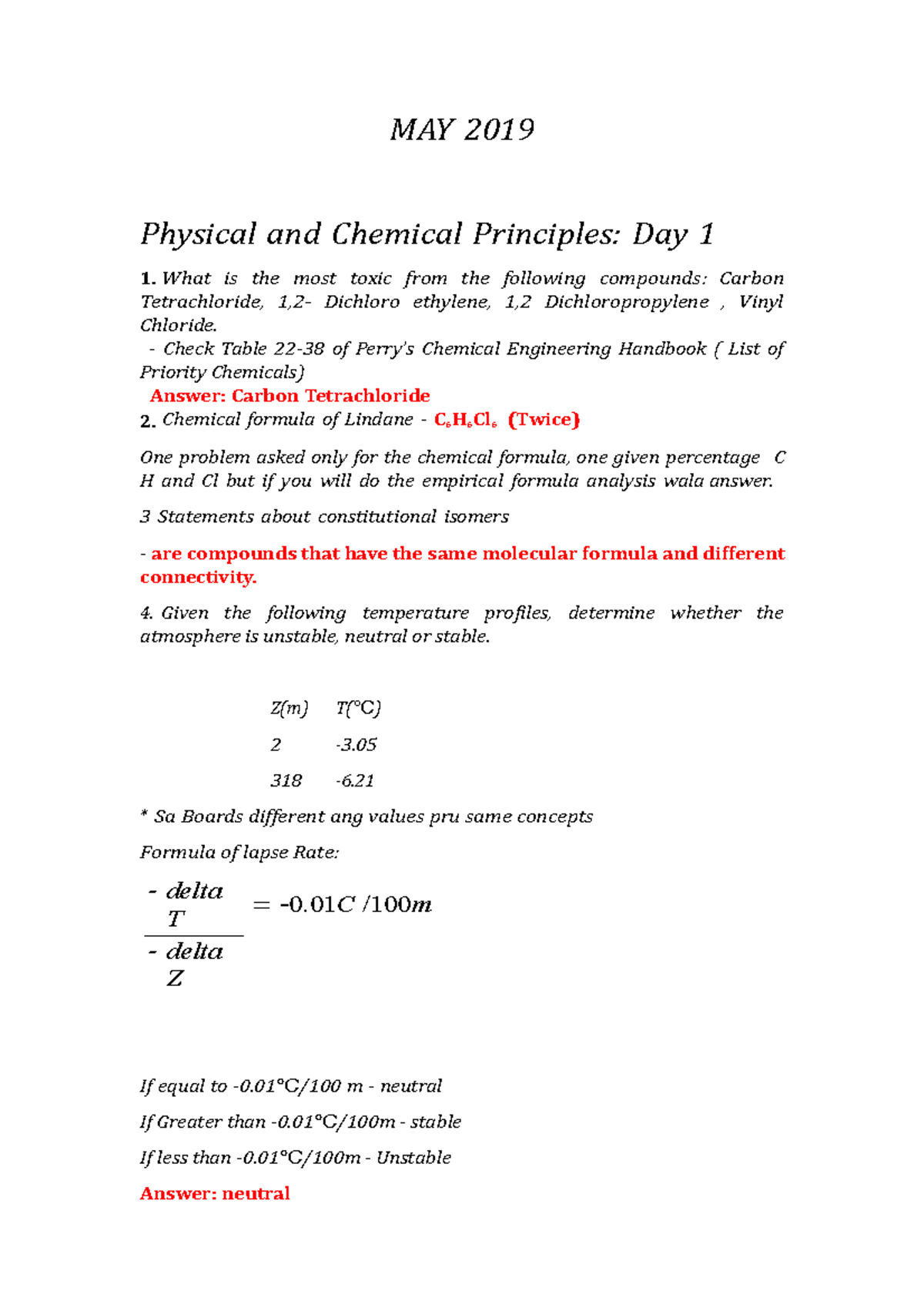Che Past Board Exam Questions: Chemical & Engineering Principles Review - Studocu