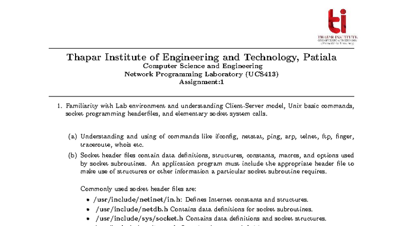UCS413 Network Programming Lab Assignment 1: Unix Commands & Sockets - Studocu