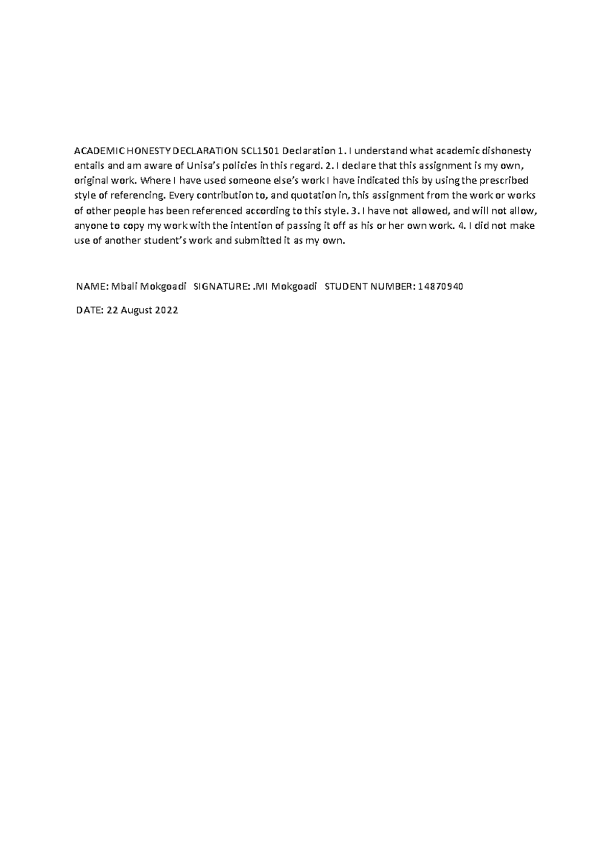 Academic Honesty Declaration for SCL1501 - Declaration 1 - Studocu
