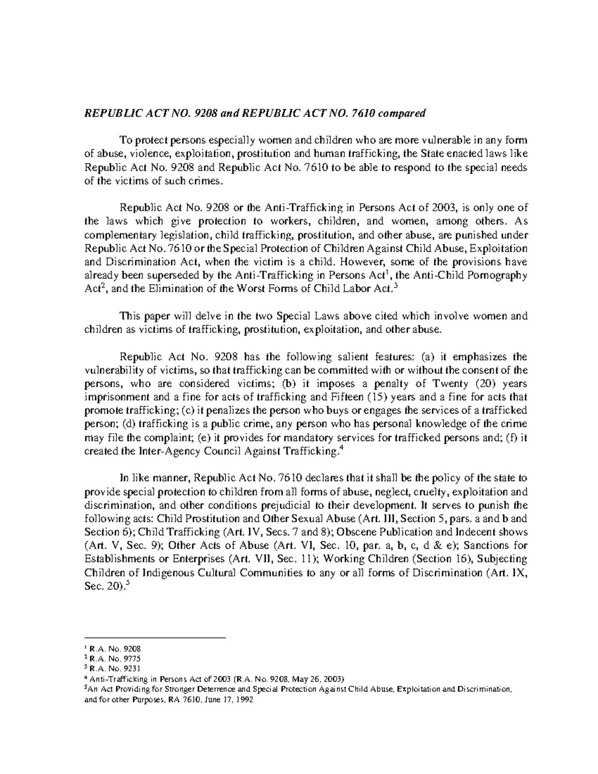 Comparative Analysis of RA 9208 & RA 7610: Child & Women Protection ...