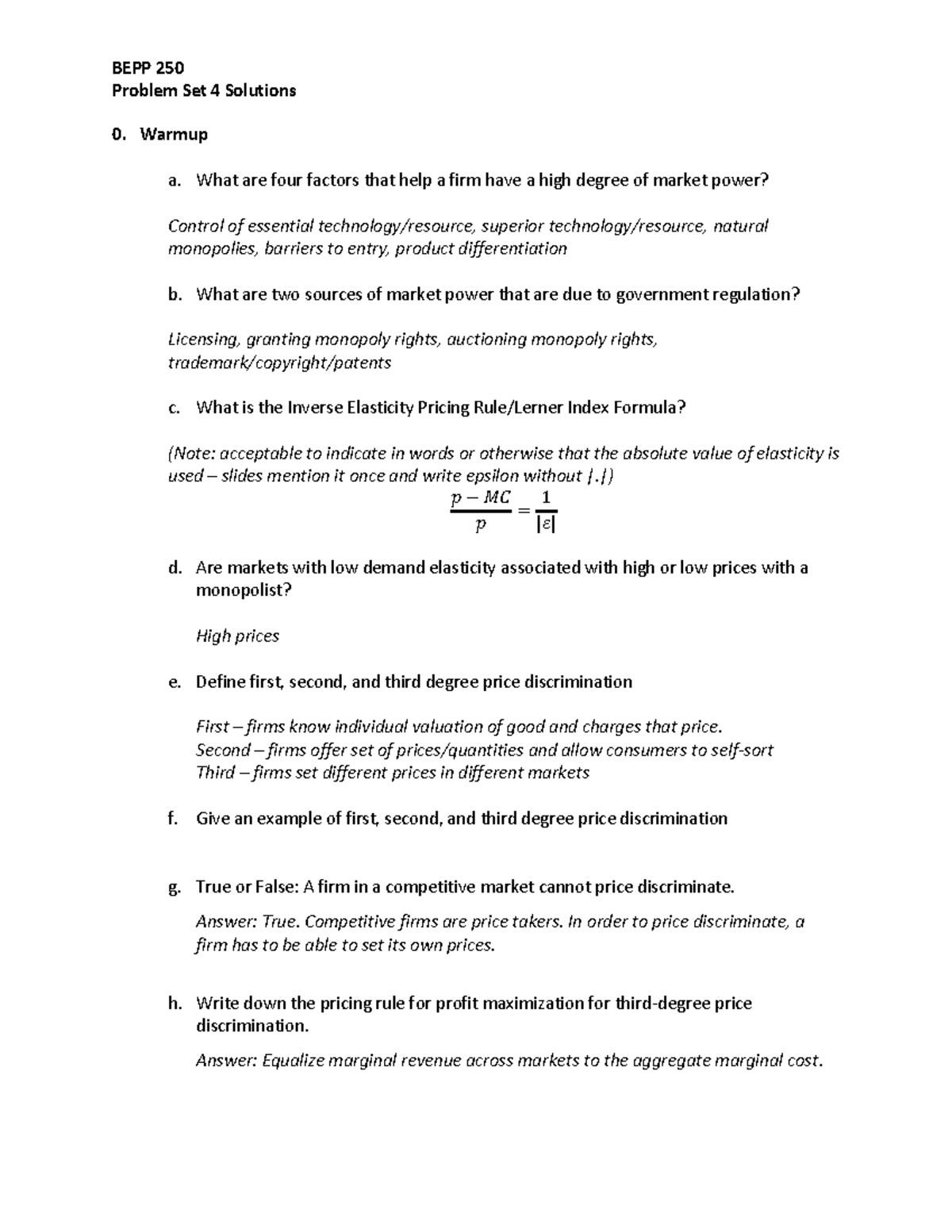Econ 101 Problem Set 04 Solutions: Market Power & Price Discrimination ...