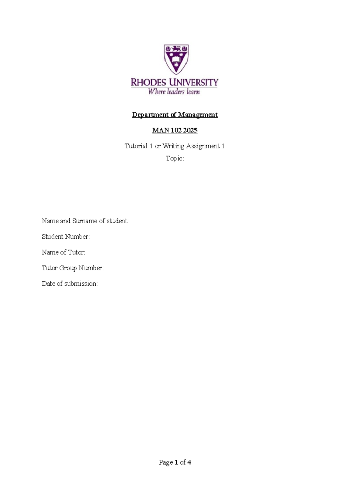 MAN 102 2025 Writing Assignment 1 Assessment Criteria Guide - Studocu