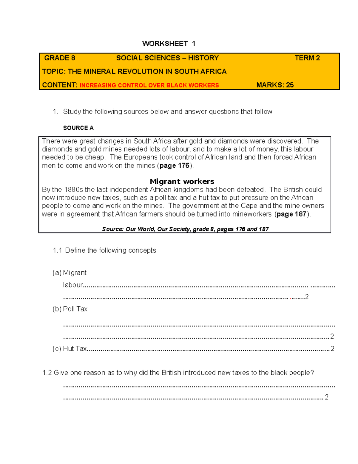 Grade 8 Social Sciences History Worksheets T2: Mineral Revolution ...