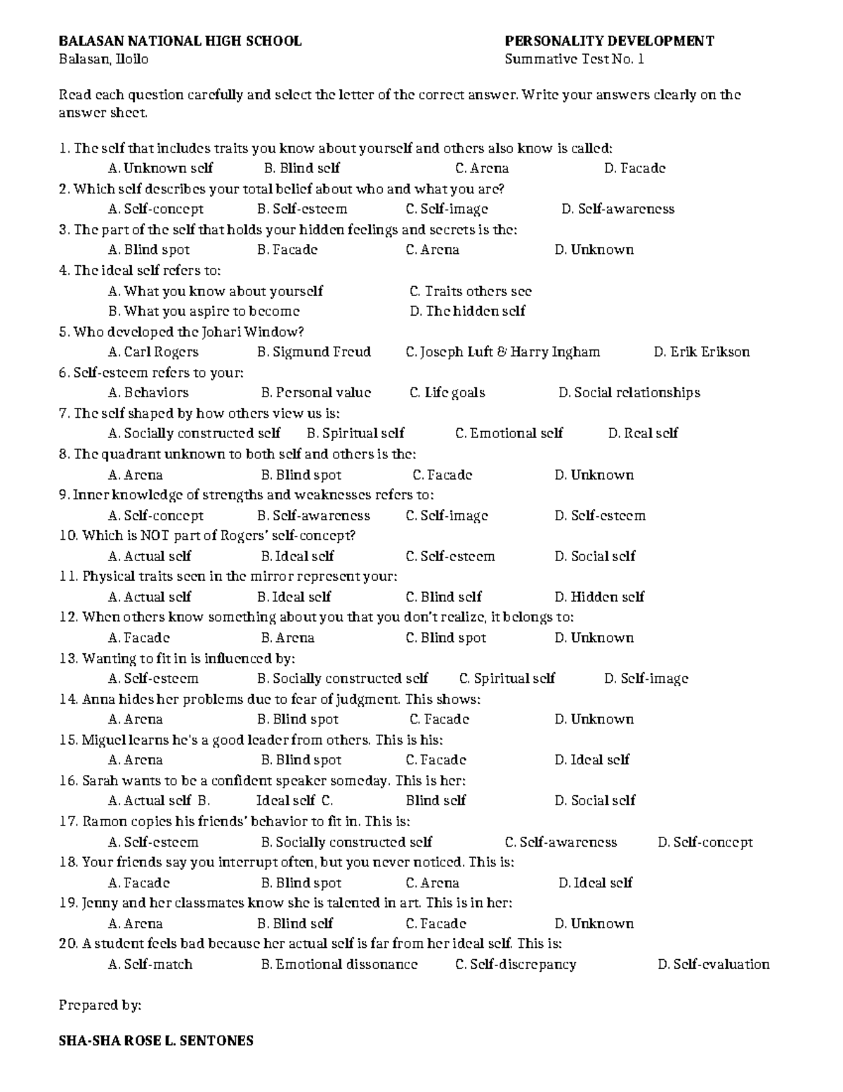 PerDev 1 & 2 Summative Test Questions and Answers - Studocu