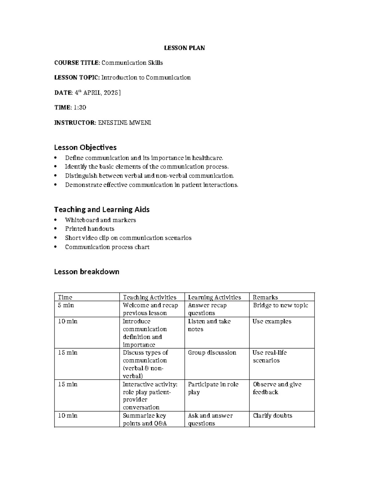 Lesson Plan: Communication Skills - Intro to Communication - Studocu