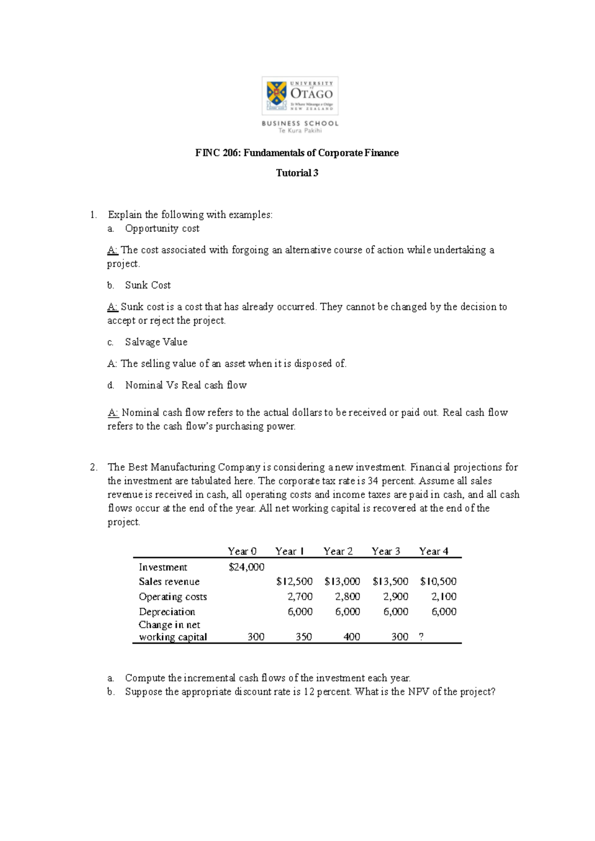 FINC 206 Tutorial 3 Solutions: Corporate Finance Analysis - Studocu