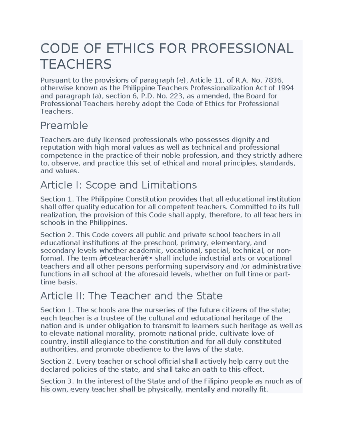 CODE OF ETHICS FOR PROFESSIONAL TEACHERS (R.A. No. 7836) - Studocu