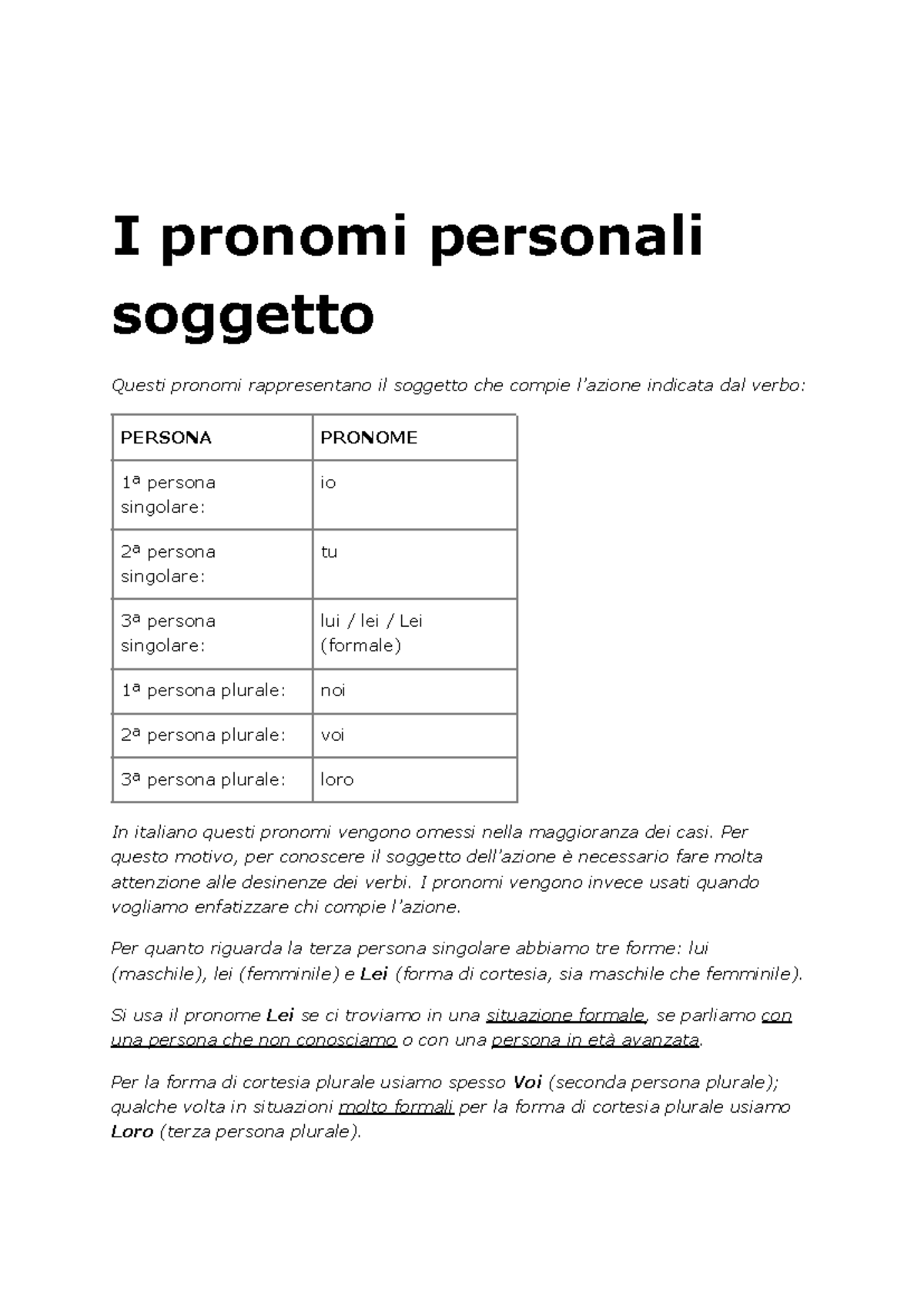 I Pronomi Personali Soggetto in Italiano: Guida Completa - Studocu