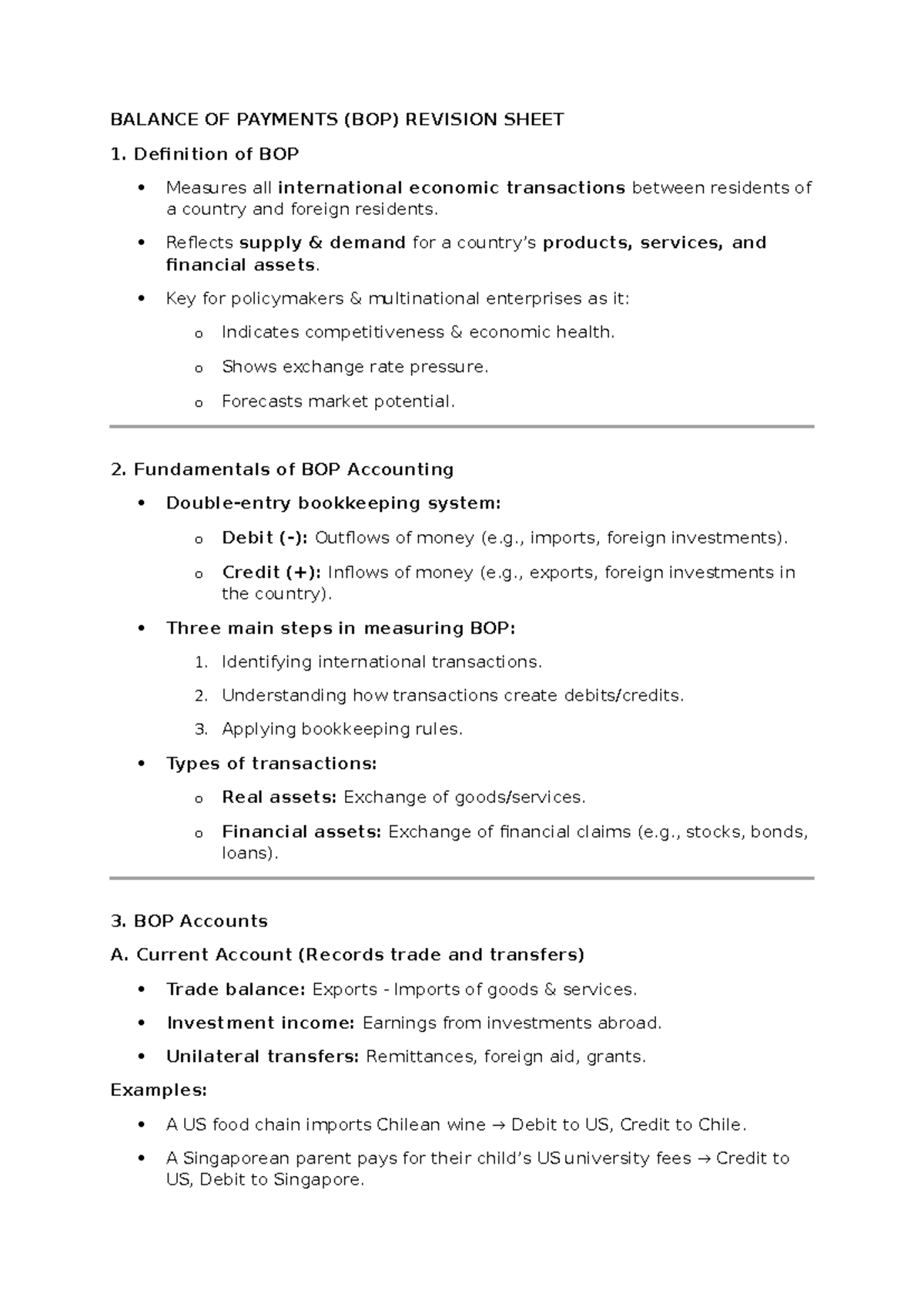 Balance OF Payments revision sheet - BALANCE OF PAYMENTS (BOP) REVISION ...
