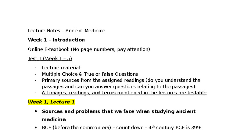 Lecture Notes: Ancient Medicine Overview (Weeks 1-5) - Studocu
