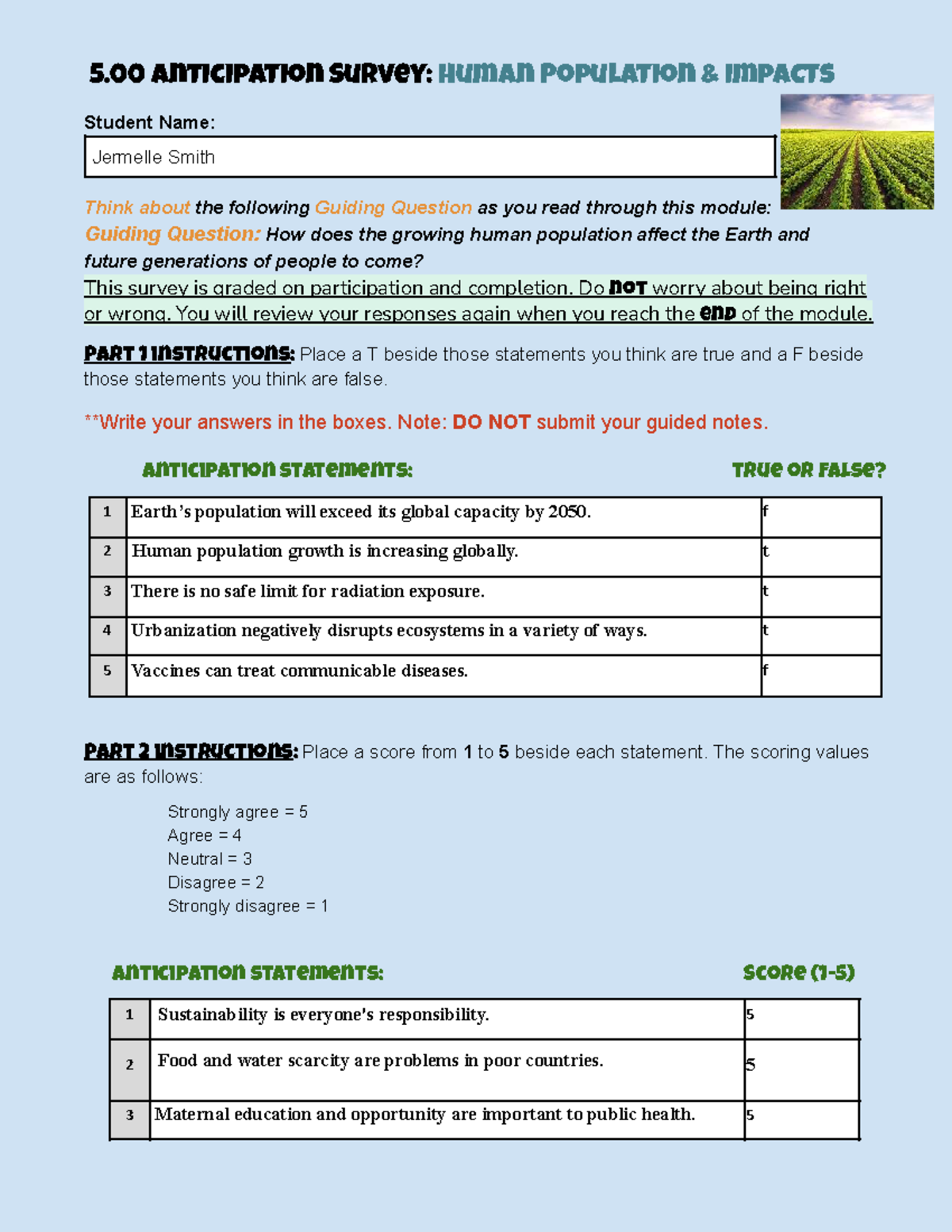 5.00 Anticipation Survey: Human Population Effects on Earth - Studocu