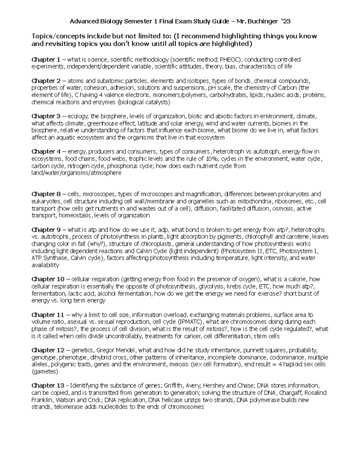 Advanced Biology 1st Sem Final Exam Study Guide - Mr. Buchinger - Studocu