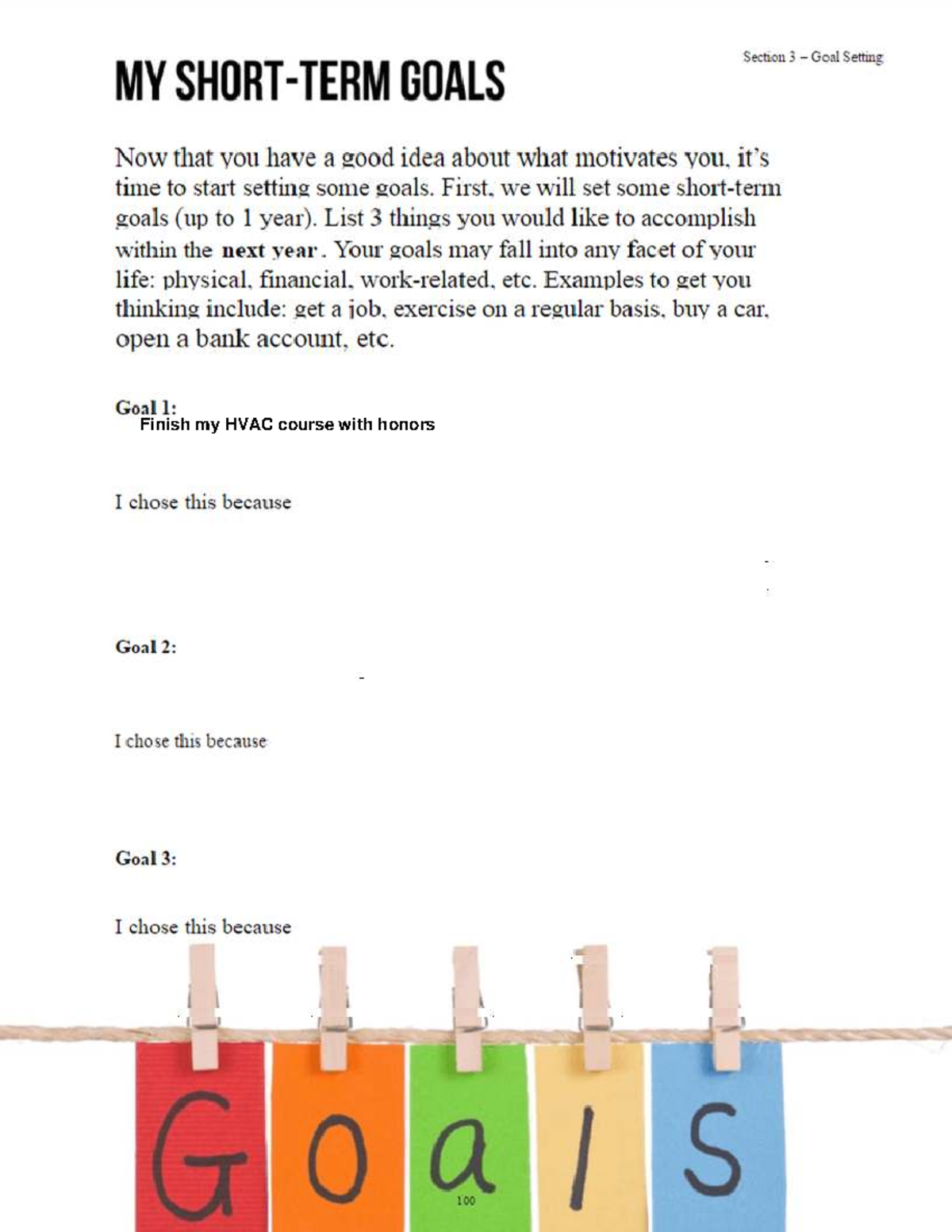 Section 3: Goal Setting for G O a S 100 - My Short Term Goals - Studocu