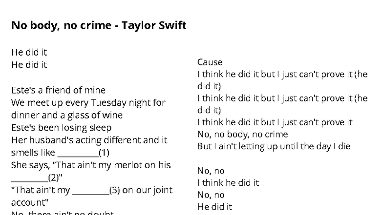 No Body, No Crime - Taylor Swift Lyrics Analysis - Studocu