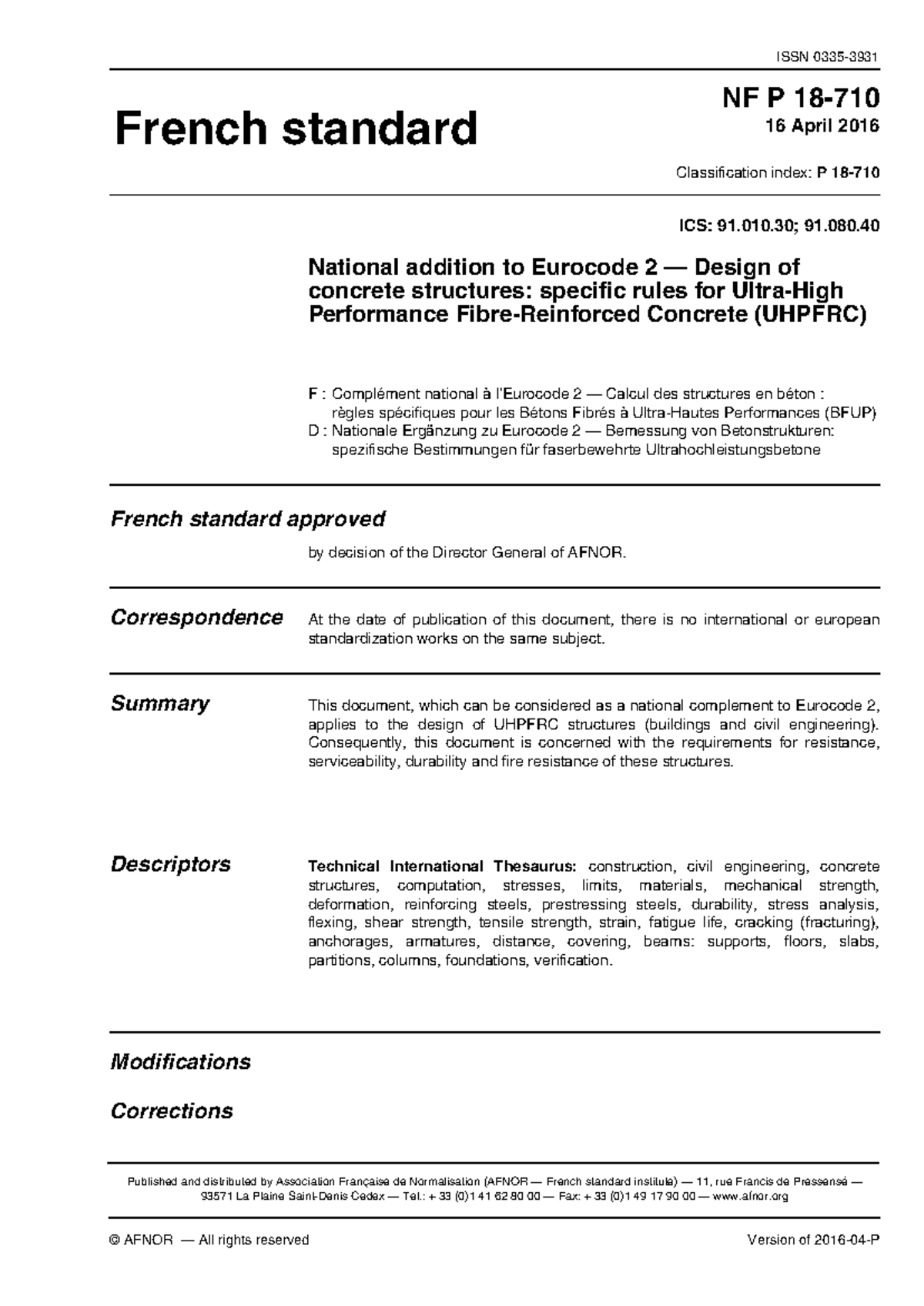 NF P 18-710: Design Standards for UHPFRC Structures - Studocu