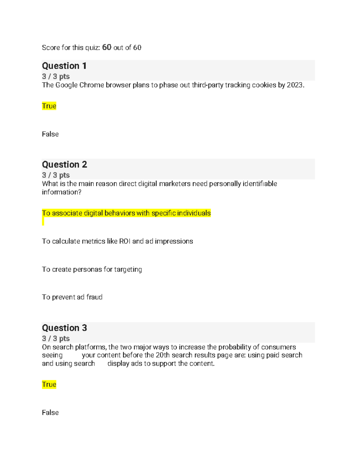 STCO367 Digital Marketing Quiz Results and Insights - Studocu