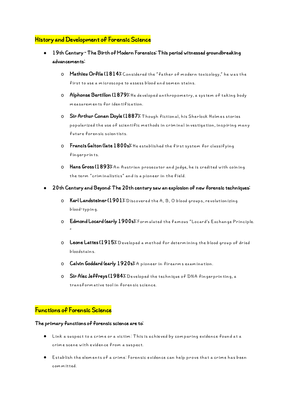 Forensic Science Development: Key Milestones and Functions (DOC ...