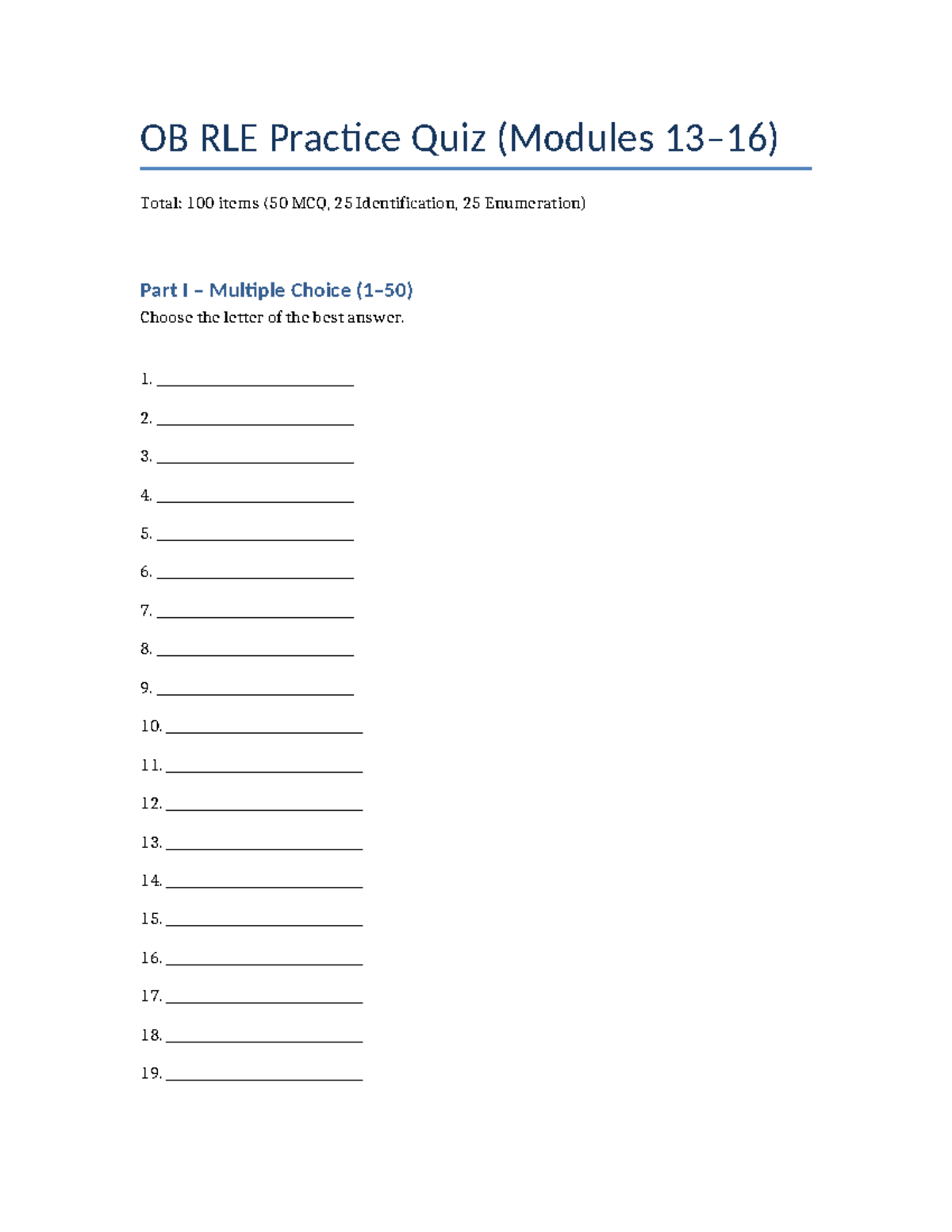 OB RLE Practice Quiz: 100 Questions (MCQ, Identification, Enumeration) - Studocu