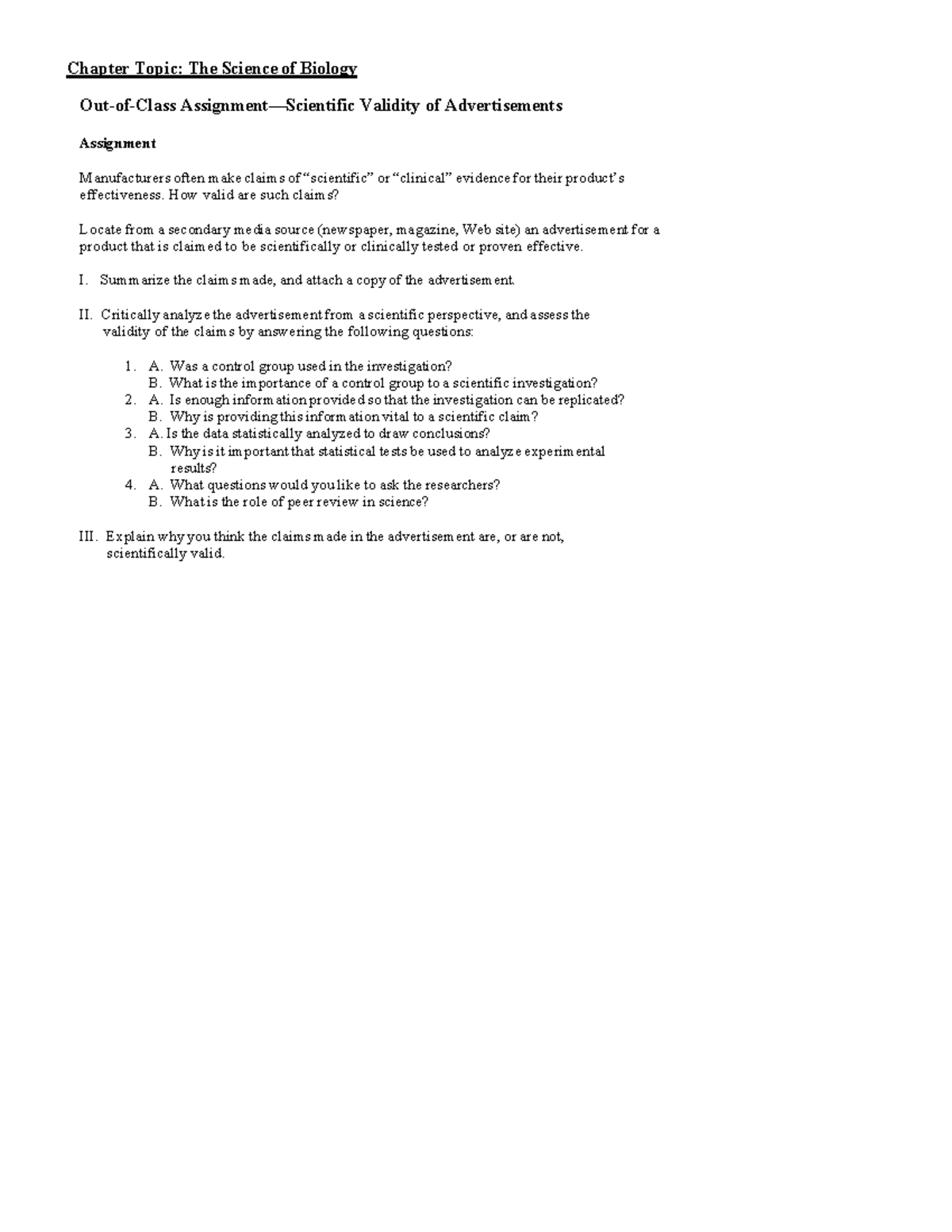 Biology 101: Validity of Advertisements Assignment Analysis - Studocu