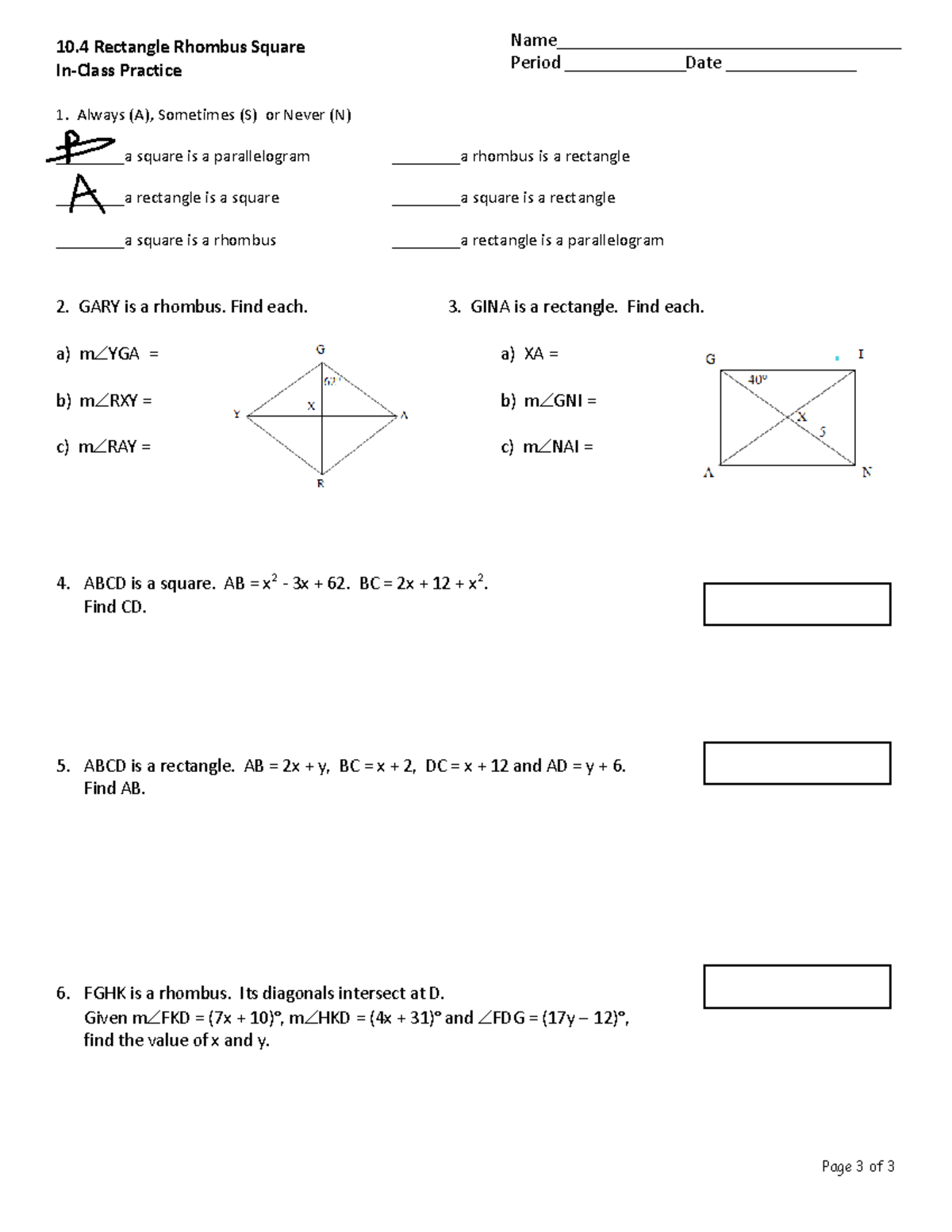 Rectangle, Rhombus, Square Practice 1 - Period 10.4 - Studocu