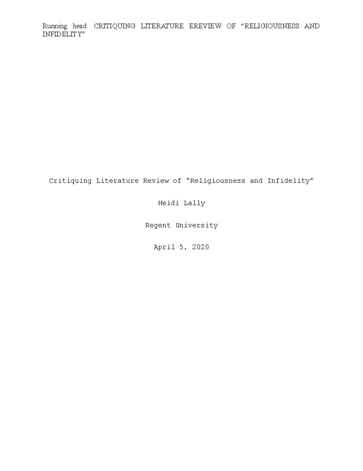 Psych 422 WEEK 3 Religiousness AND Infidelity Paper April 2020 ...