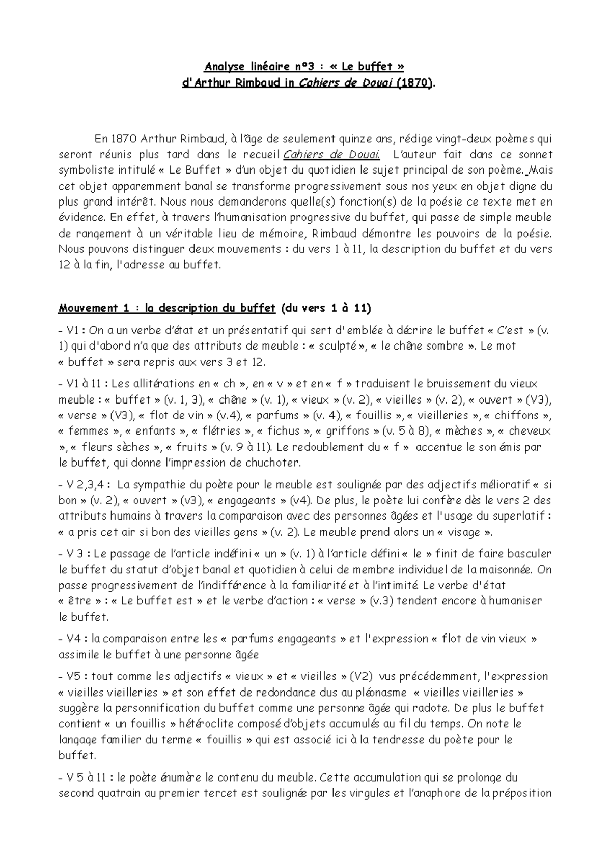 Analyse linéaire n°3 : Le poème « Le Buffet » d'Arthur Rimbaud - Studocu