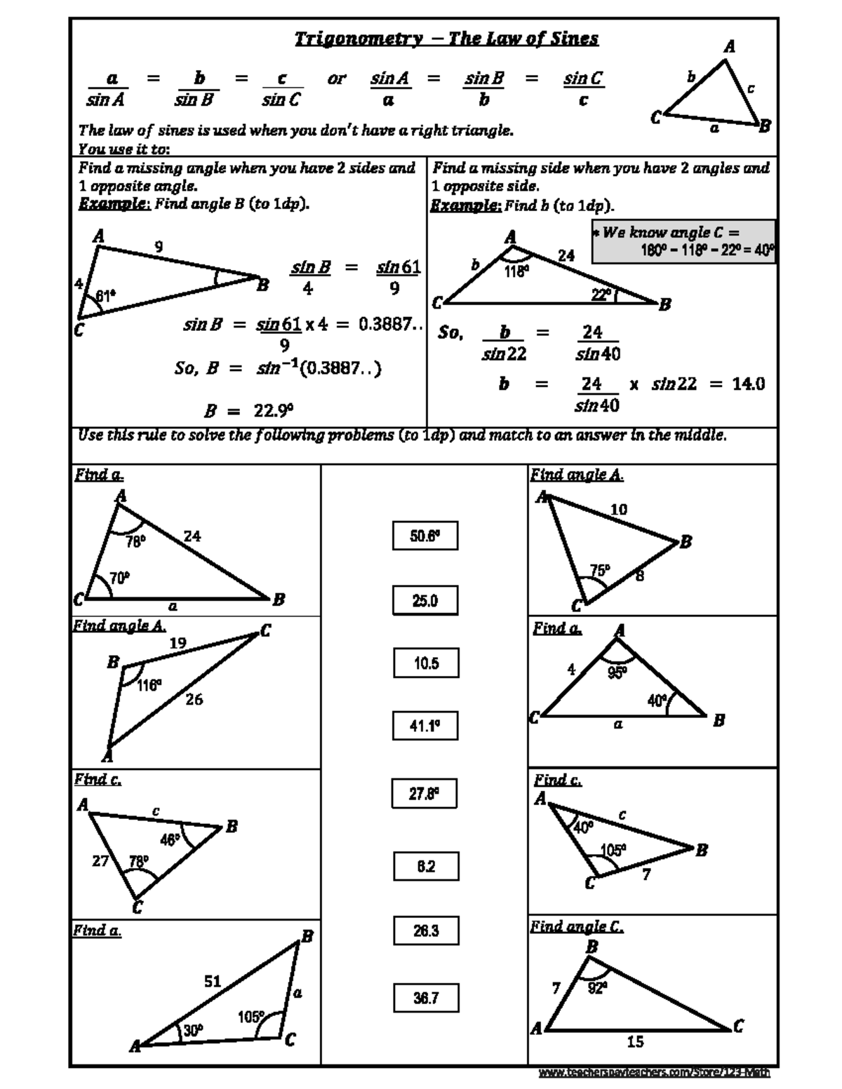 7-3 Matching Homework: Law of Sines in Trigonometry - Studocu