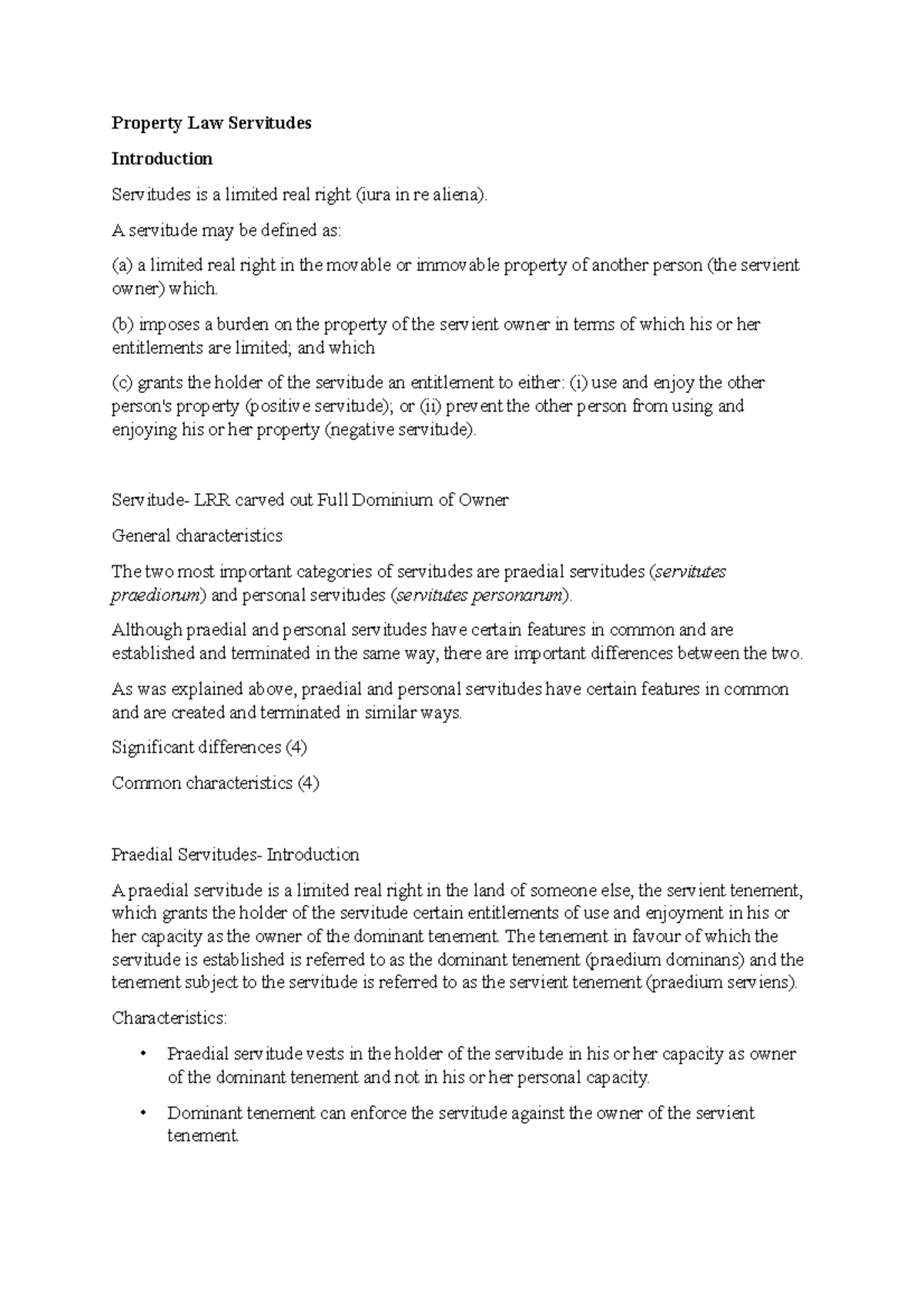 Property Law (LRW 101): Understanding Servitudes and Rights - Studocu