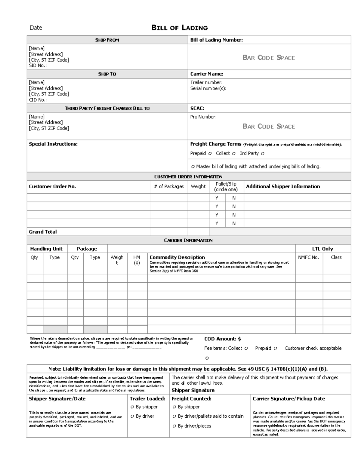 BILL OF LADING Template for Shipping Documentation - Studocu
