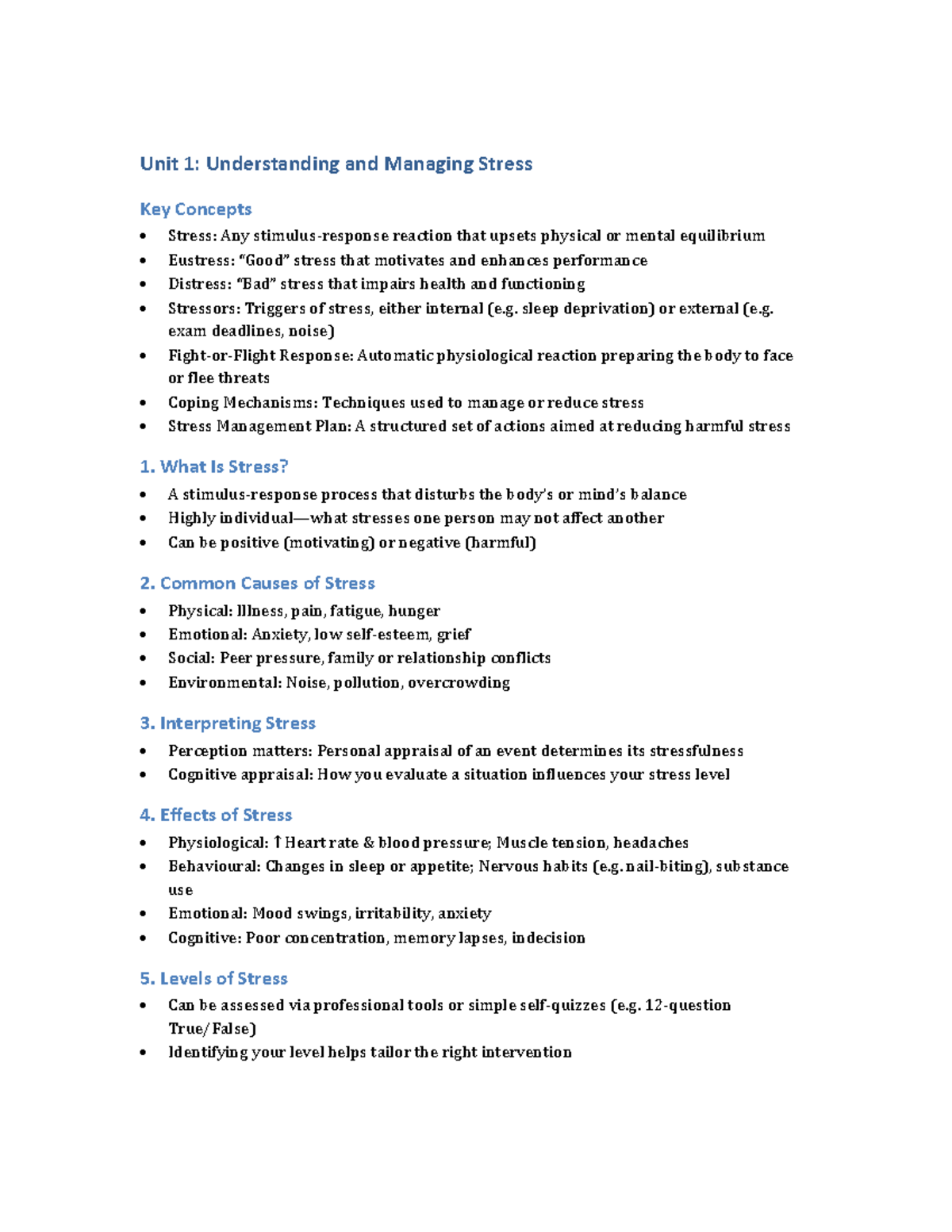 Unit 1: Stress Management Concepts and Coping Strategies (Grade 12 ...