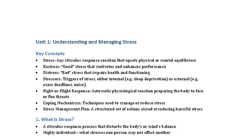 Unit 1: Stress Management Concepts and Coping Strategies (Grade 12 ...