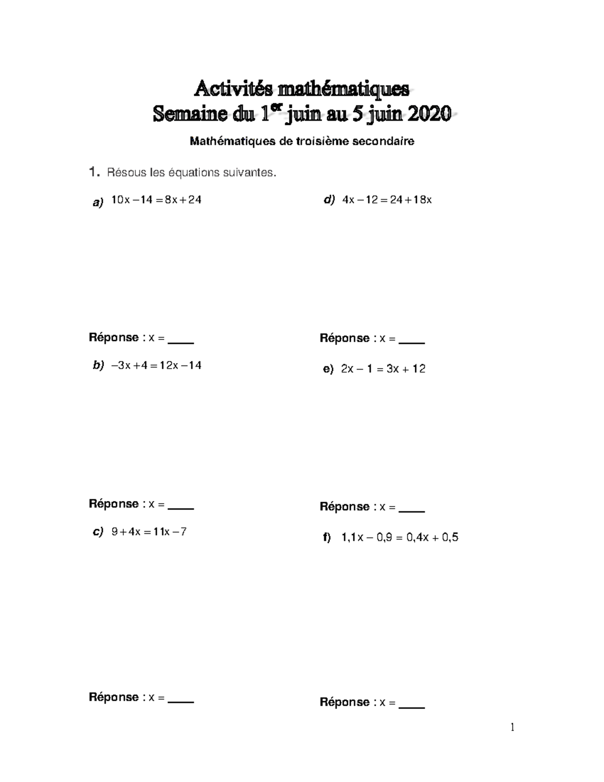 Math 3e sec 2020: Systèmes d'Équations avec Corrigé - Studocu
