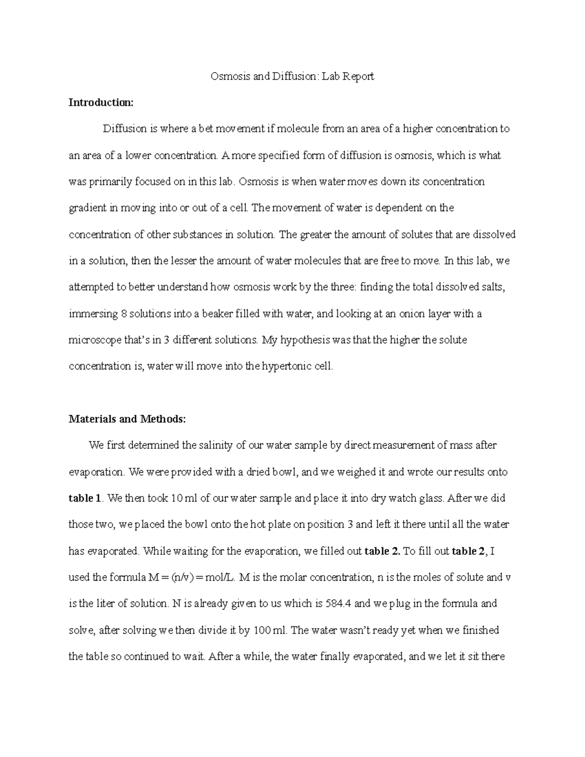 Lab1 - Osmosis and Diffusion Lab Report - Studocu
