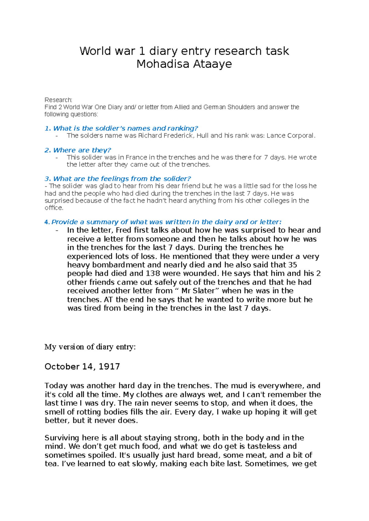 WW1 life of a solider - Mohadisa Ataaye 2 - World war 1 diary entry ...