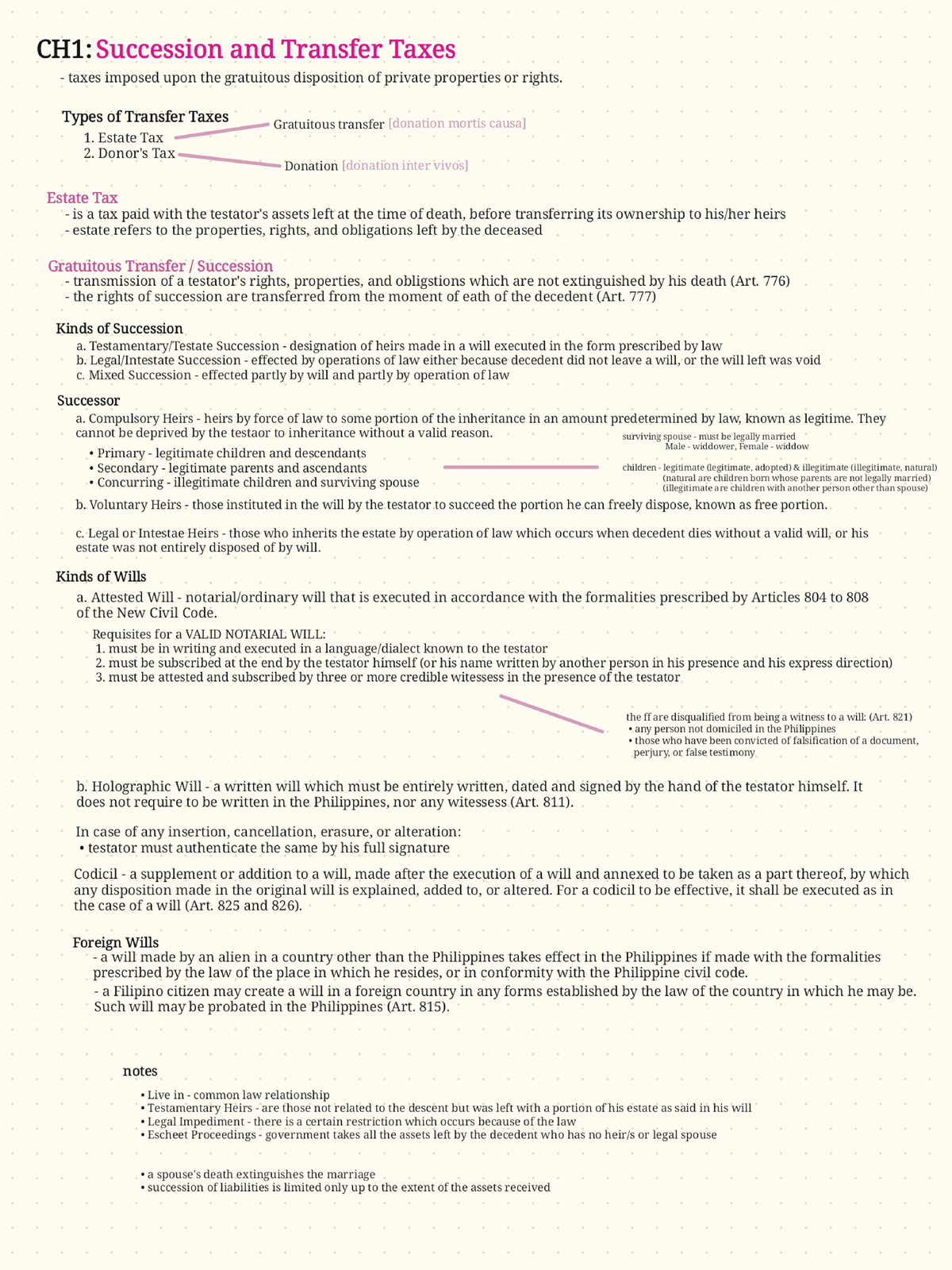 Transfer Tax M1 - Key Notes on ESTATE TAX - CH1: Succession and ...