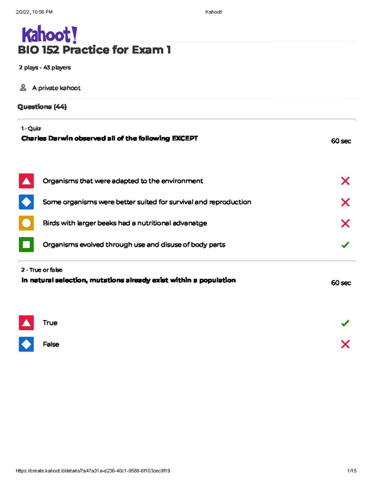 BIO 152 Practice Exam 1 - Kahoot Review Questions - Studocu