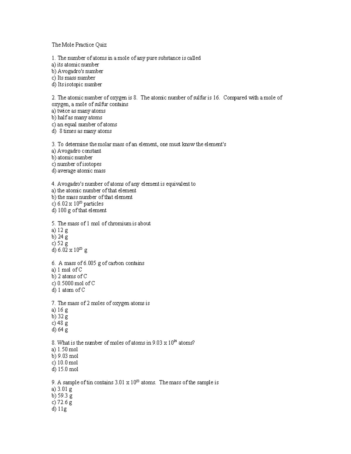 Chem 1 The mole practice quiz and answers - Studocu