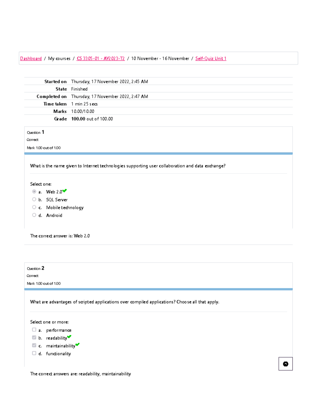 CS 3305 Self-Quiz Unit 1 - Started on Thursday, 17 November 2022, 2:45 ...