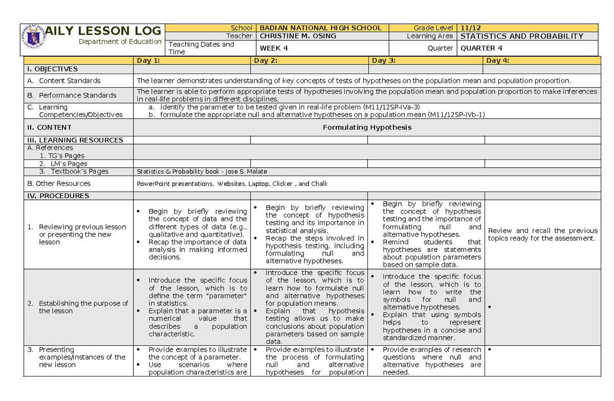 Q4 WEEK 4 - Daily Lesson Log: Hypothesis Testing in Statistics - Studocu